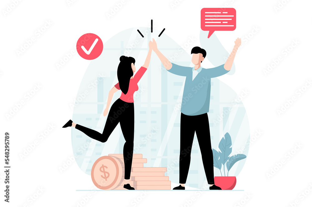 Teamwork concept with people scene in flat design. Man and woman give ...