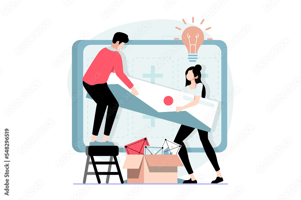 UI and UX design concept with people scene in flat style. Man and woman ...