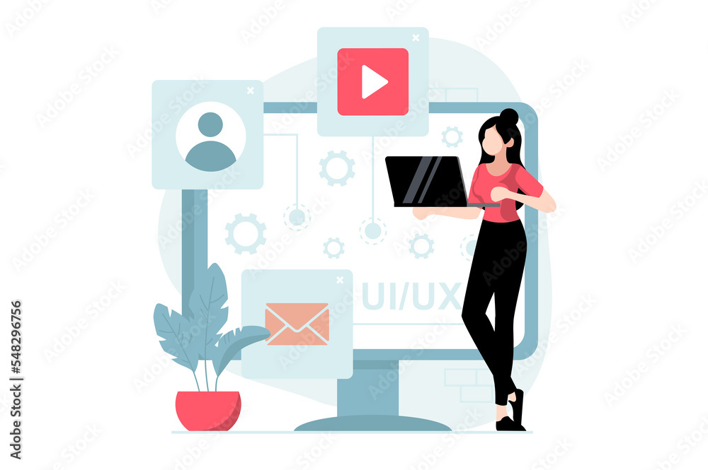 UI and UX design concept with people scene in flat style. Woman work as ...