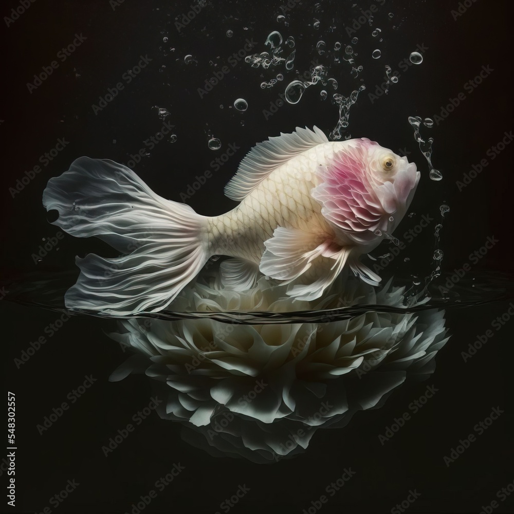 delicate nacre peony chrysanthemum , betta fish, underwater, dark ...
