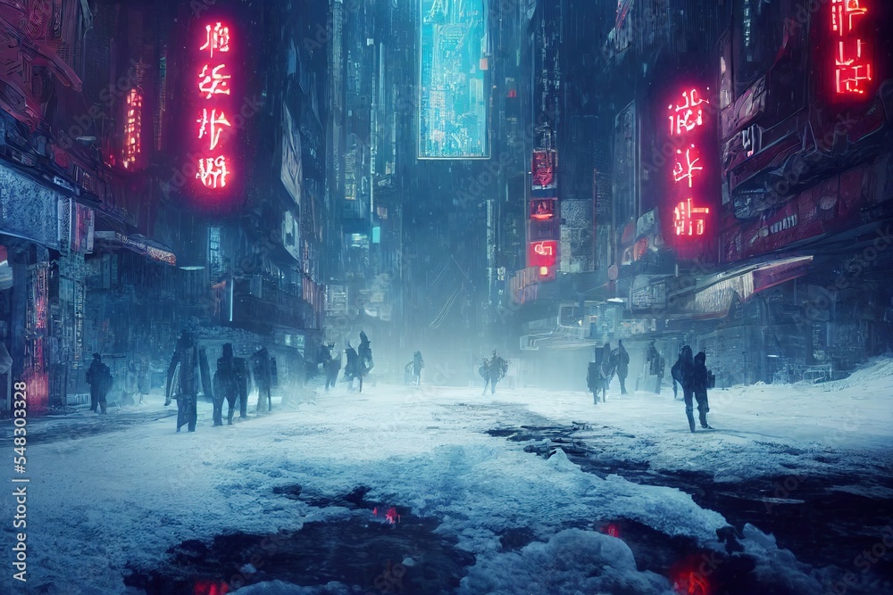 Cyberpunk Post Apocalyptic Dystopian Winter City Narrow Street Neon