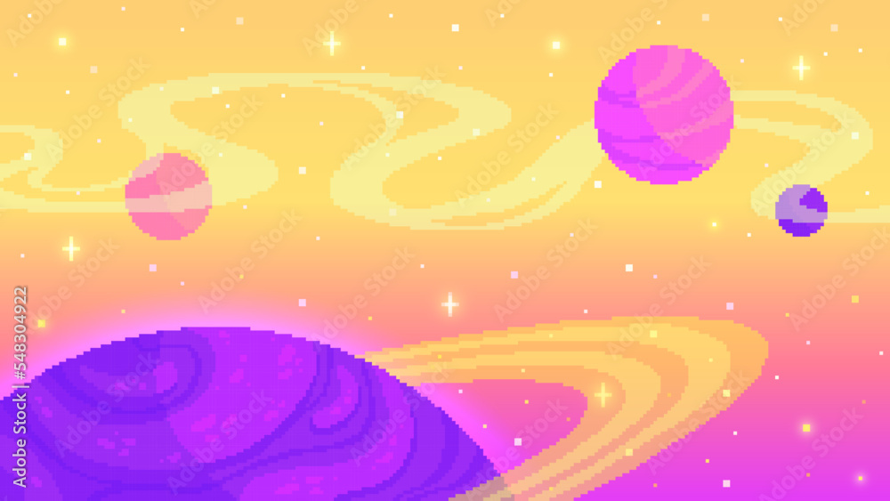 Cartoon planets and stars background in pixel art style Stock Vector ...
