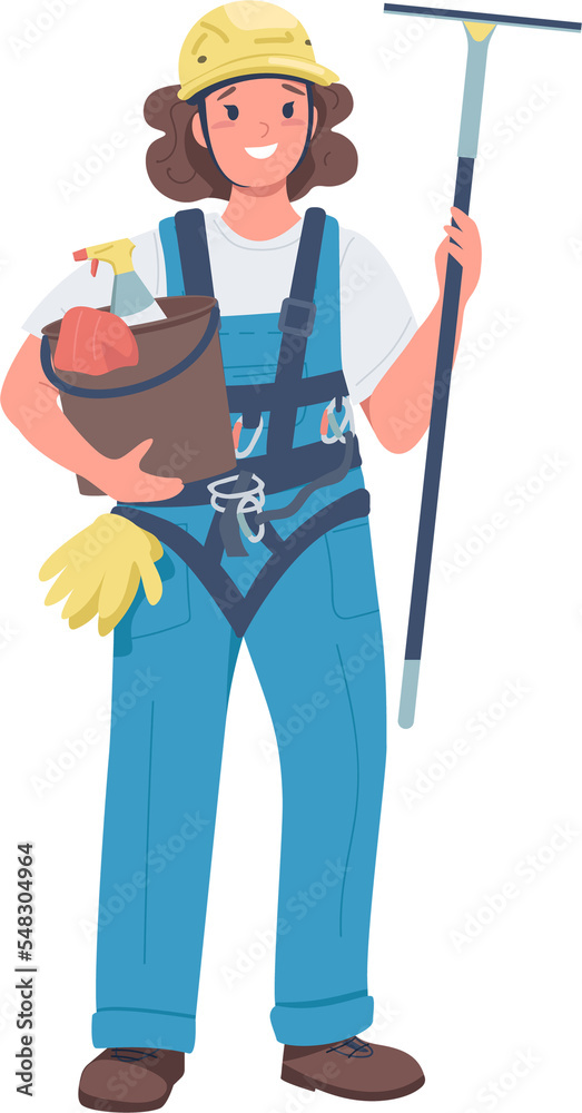Female window cleaner semi flat color raster character. Standing figure ...