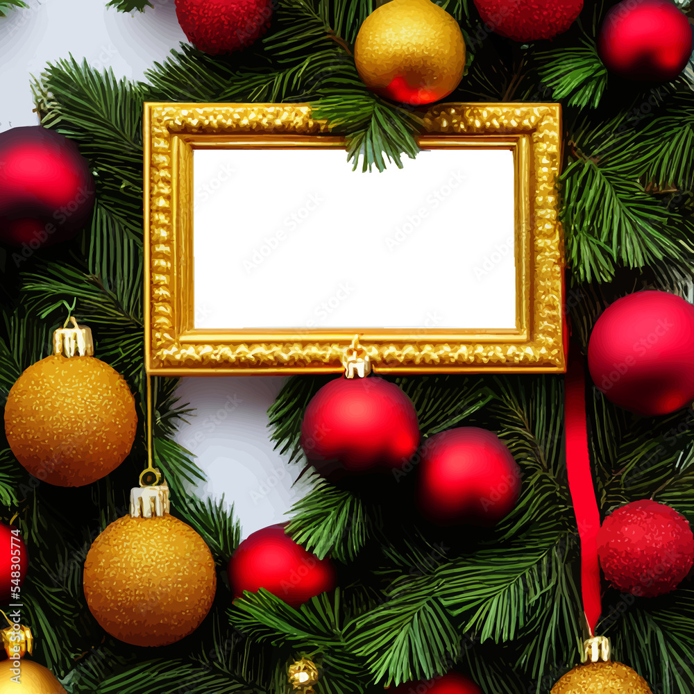 White canvas with frame on Christmas pine tree with golden ornaments ...