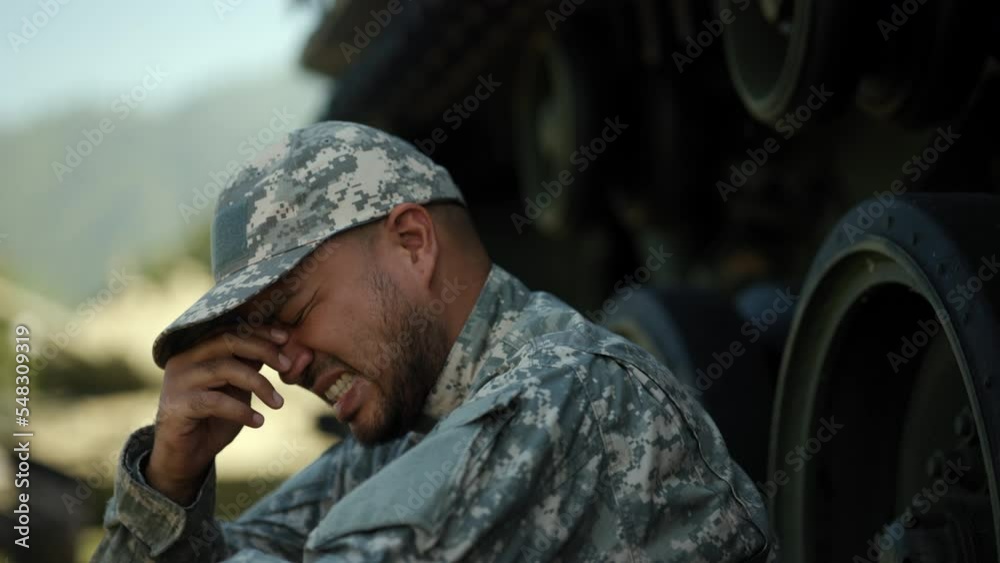 Crying emotions soldier man in military uniform special forces standing ...