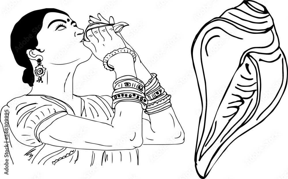 Shankha vadan sketch drawing illustration, Indian ritual lady vector ...