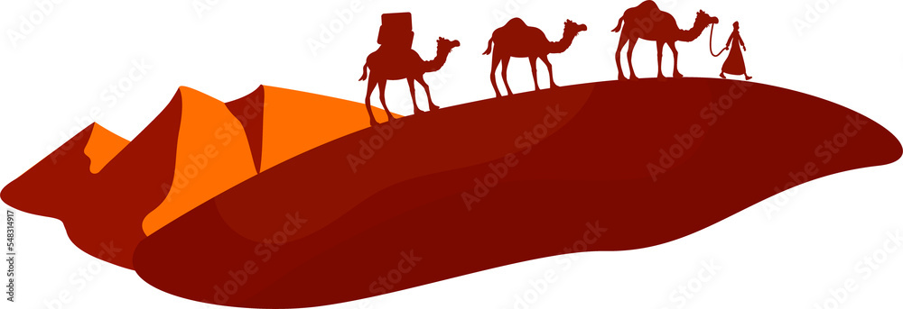 Camel caravan crossing desert 2D raster isolated illustration. Man with ...
