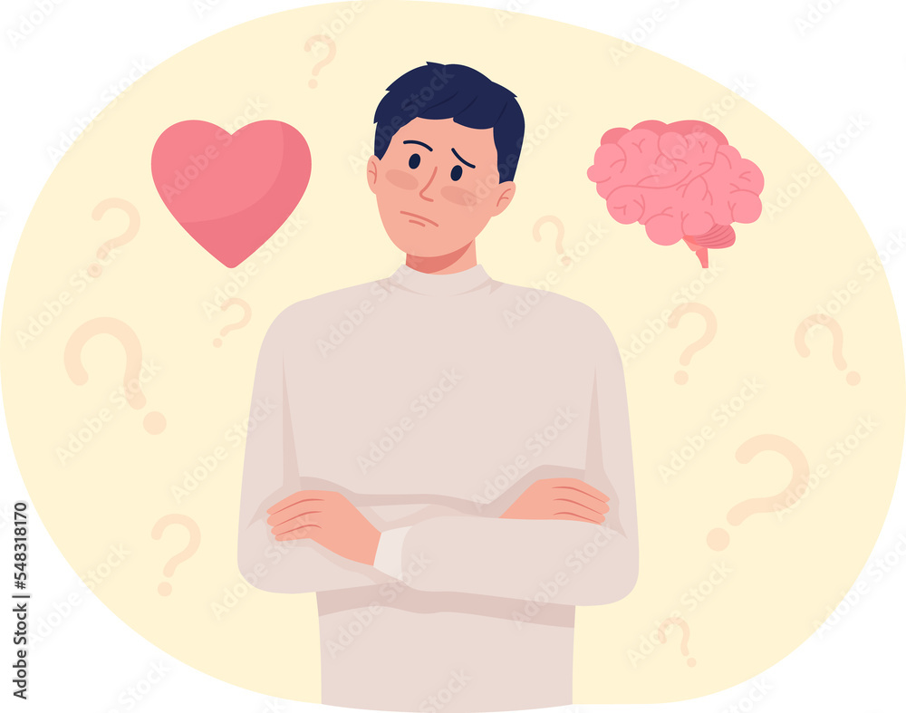 Difficult choice 2D raster isolated illustration. Doubtful man flat ...