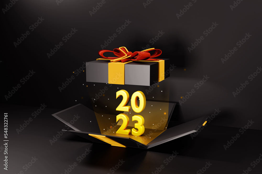 2023 New year typography inside 3d rendered gift box with black ...