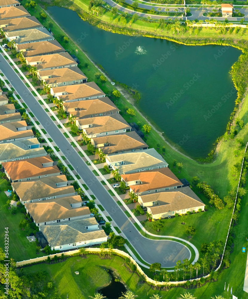Aerial view of cul de sac at neighbourhood road dead end with densely ...