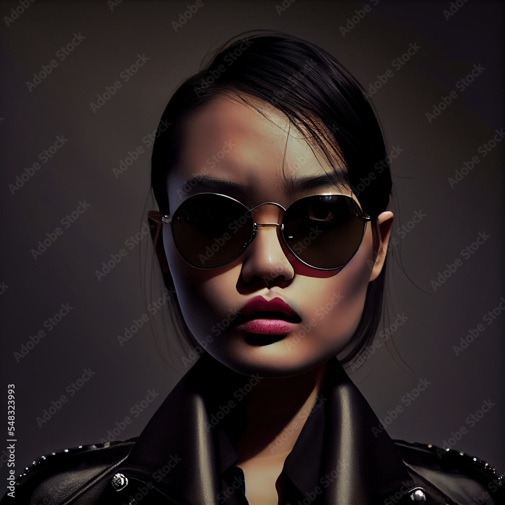 Portrait of a beautiful female secret agent in a black leather jacket ...