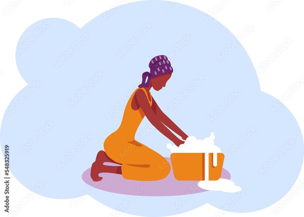Hand washing clothes 2D raster isolated illustration. Poor woman ...