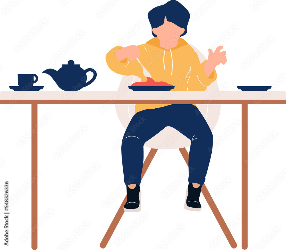 Little stylish boy eating breakfast at table semi flat color raster ...