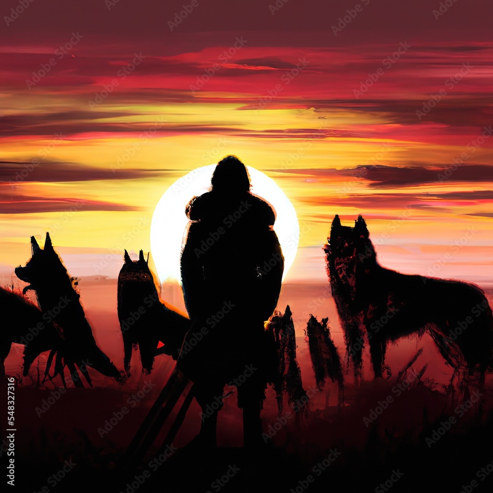 Warrior with a pack of wolves looking at sunset sky, digital art style ...