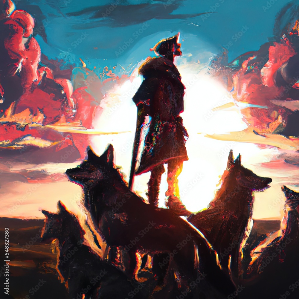 Warrior with a pack of wolves looking at sunset sky, digital art style ...