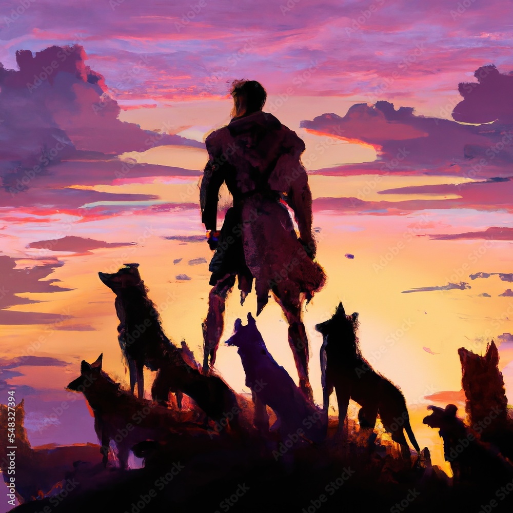Warrior with a pack of wolves looking at sunset sky, digital art style ...