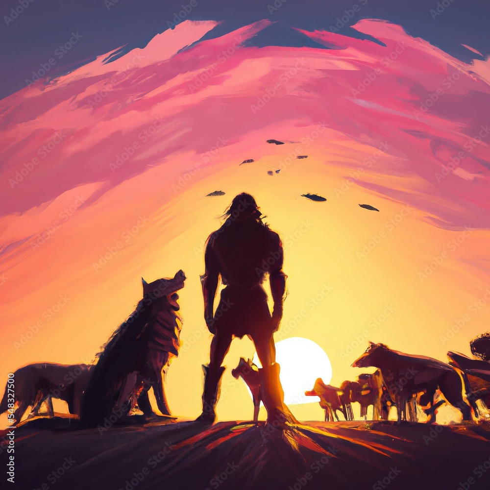 Warrior with a pack of wolves looking at sunset sky, digital art style ...