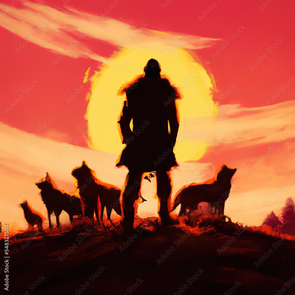 Warrior with a pack of wolves looking at sunset sky, digital art style ...