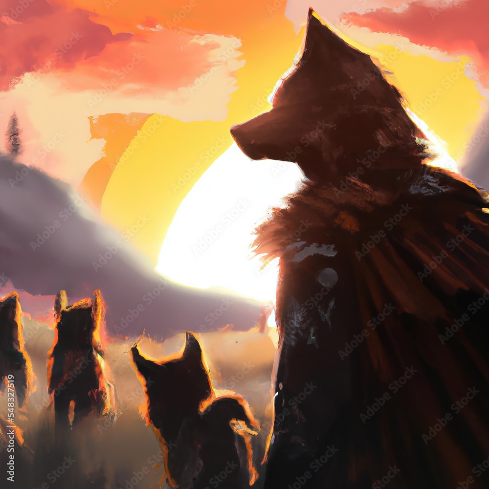 Warrior with a pack of wolves looking at sunset sky, digital art style ...