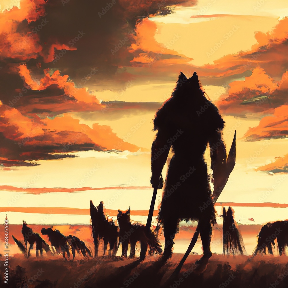Warrior with a pack of wolves looking at sunset sky, digital art style ...