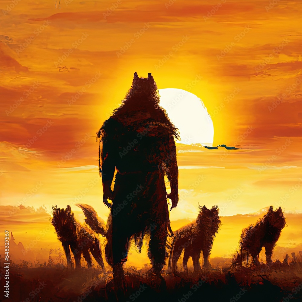 Warrior with a pack of wolves looking at sunset sky, digital art style ...
