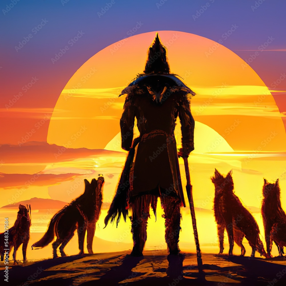 Warrior with a pack of wolves looking at sunset sky, digital art style ...