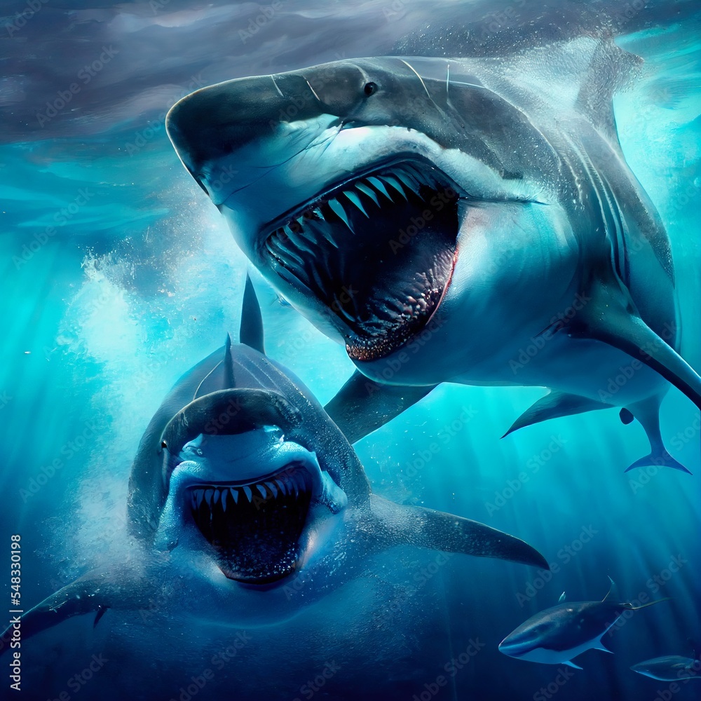 The battle of the two big menacing sharks in the ocean. The Bloody ... The battle of the two big menacing sharks in the ocean. The Bloody ...