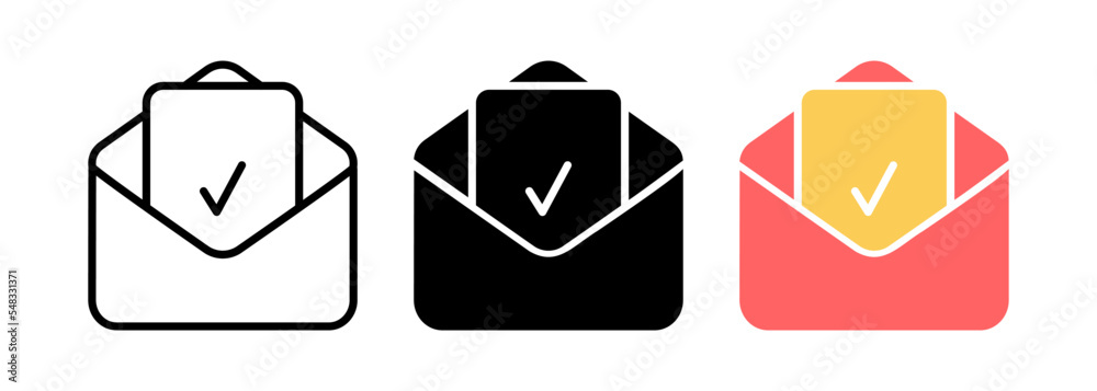 Envelope with confirmed document icon in flat style. Verify vector ...