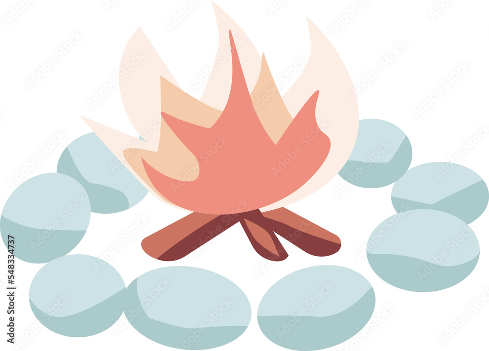 Campfire surrounded by stones semi flat color raster object. Encampment ...