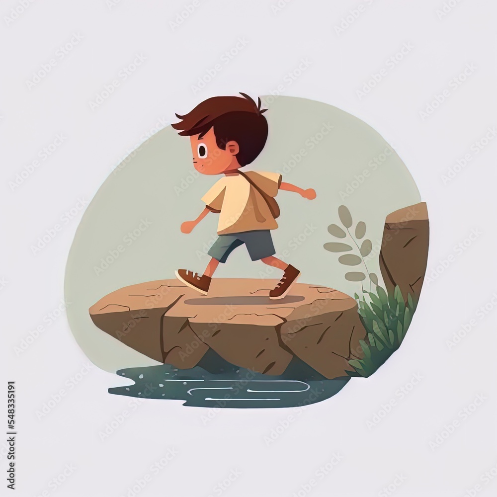 Cute boy stepping on the rock cartoon 2d illustrated icon illustration ...