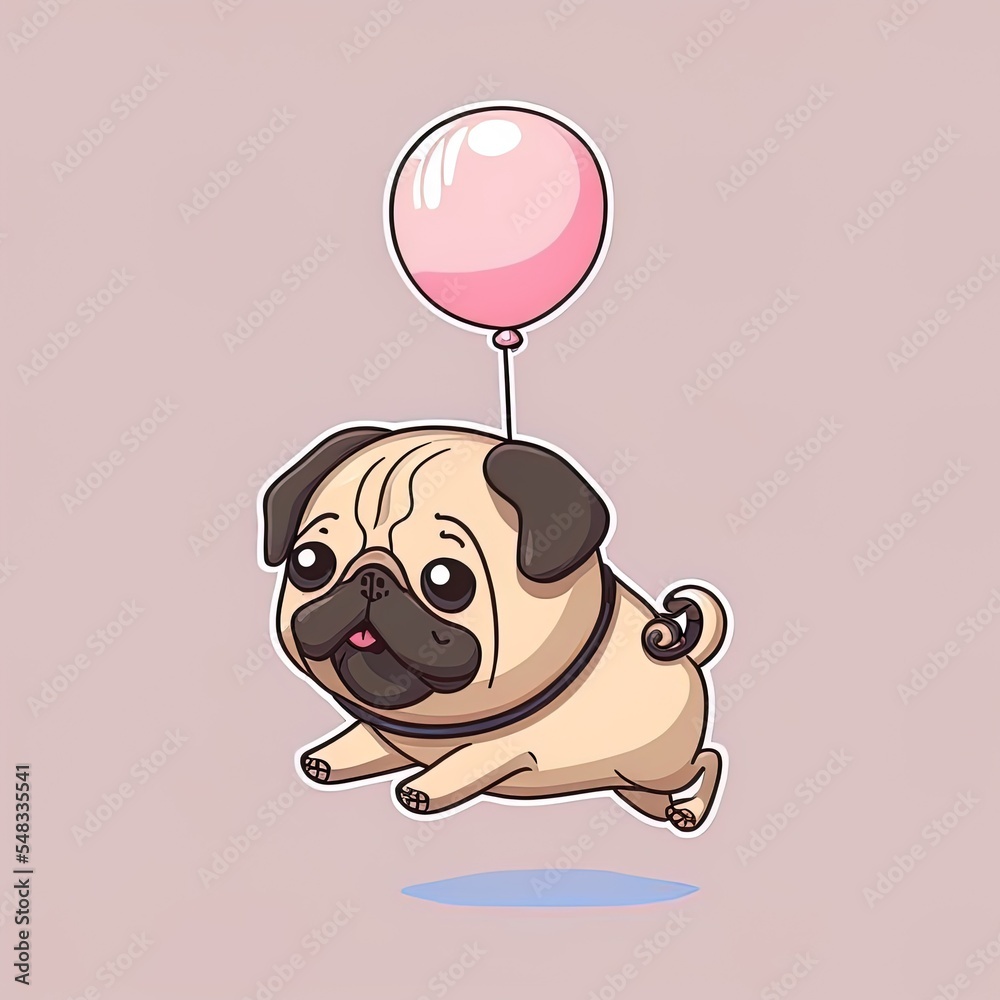 ภาพประกอบสต็อก Cute pug dog floating with balloon cartoon 2d ...