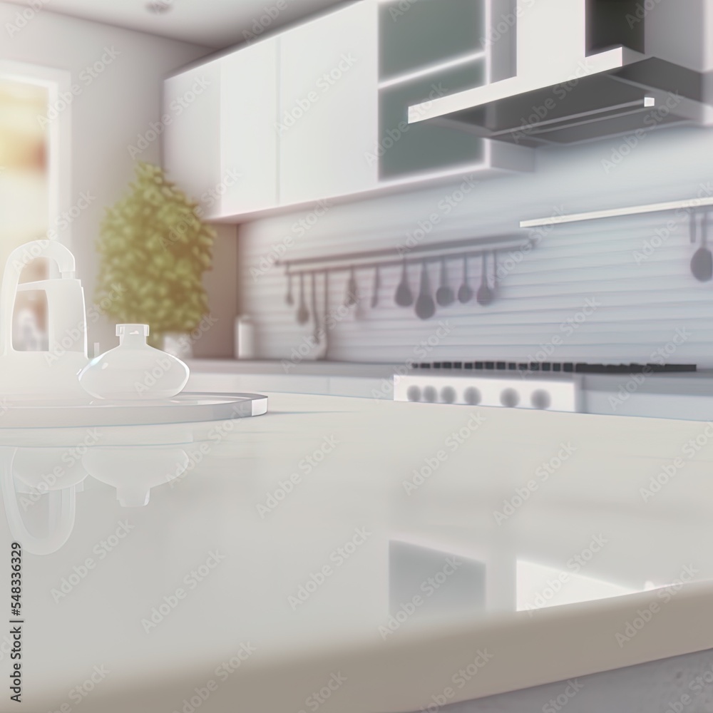 White glossy countertop and on blur kitchen room background Stock ...