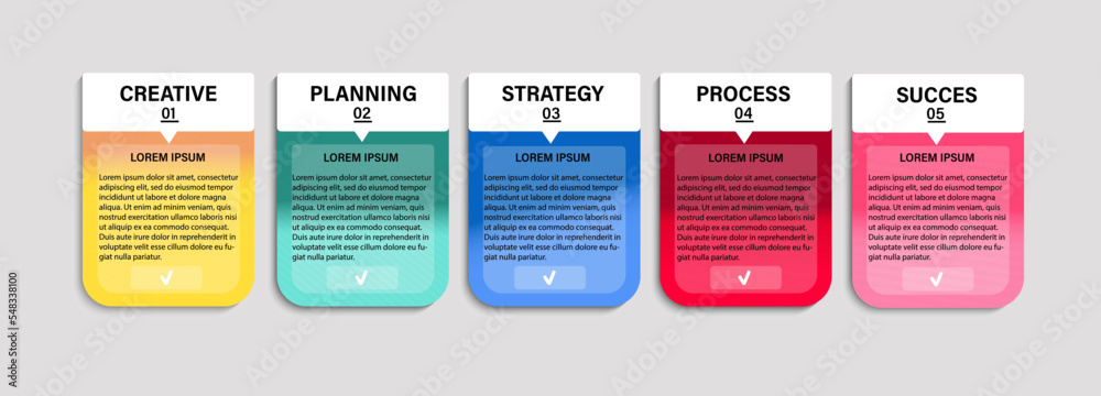 Set of infographic labels. 5 steps for presentation. Bright, isolated ...