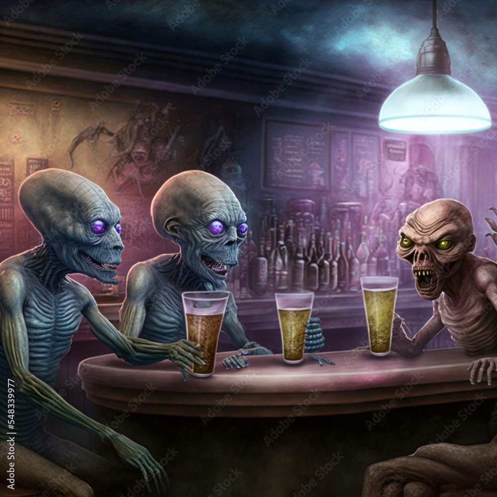 Nightmare monsters at the bar having fun. Scary horrifying monsters ...