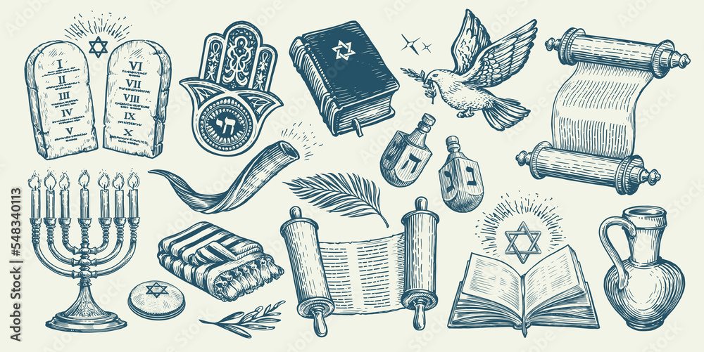 Jewish religious items set. Torah scroll, Menorah, Tablets, Miriam hand ...