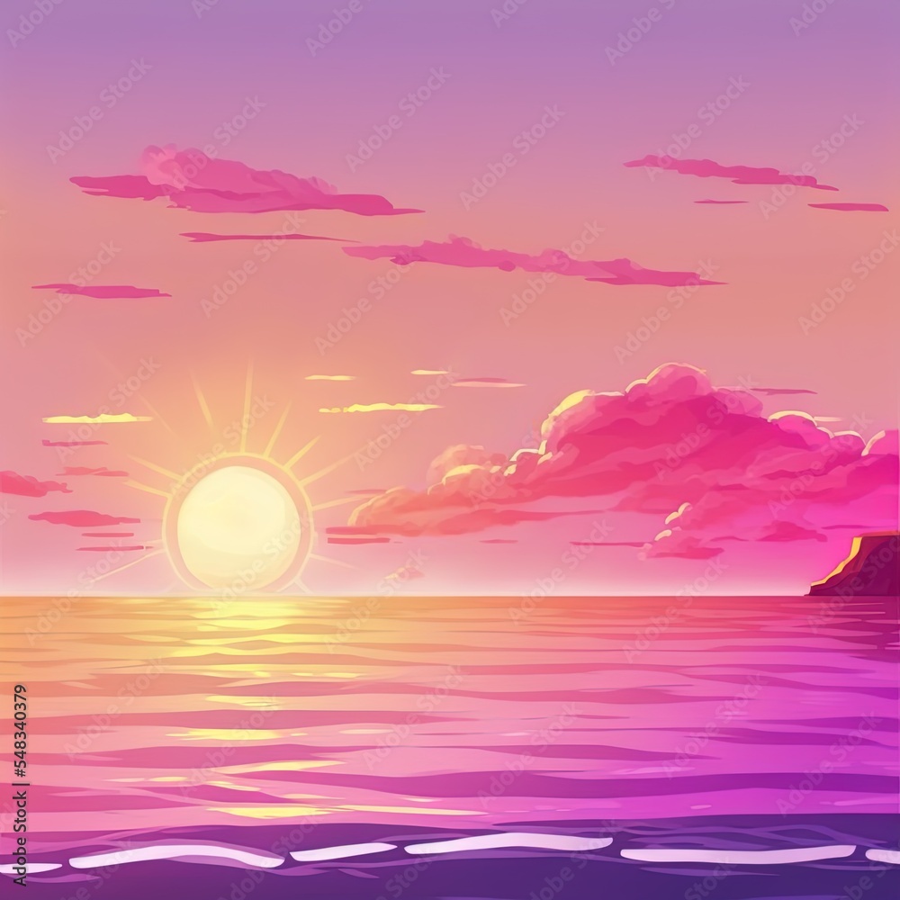 Cartoon illustration of ocean landscape in suncartoon style or sunrise ...