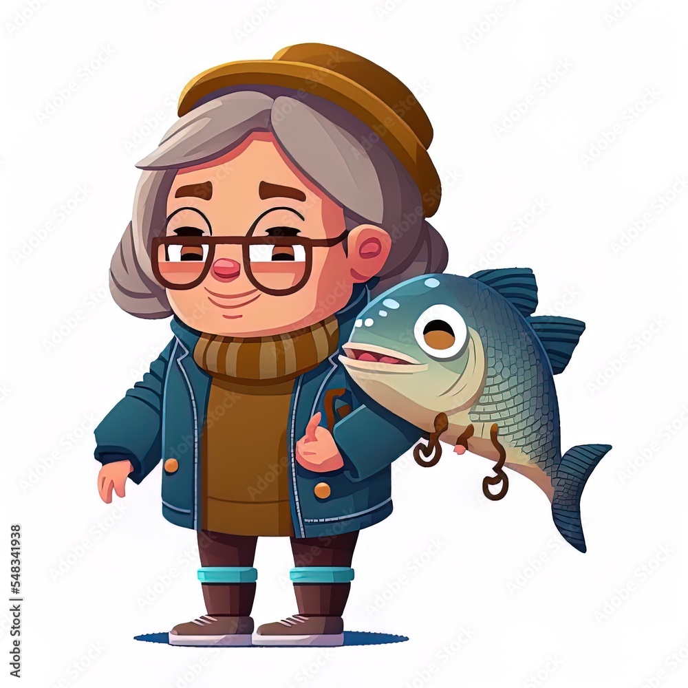 Cute grandmother holding fish and wearing winter jacket cartoon 2d ...