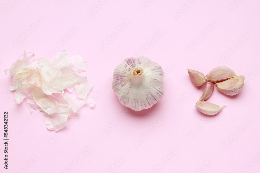 Fresh white unpeeled head bulb of garlic and garlic cloves peel on pink ...