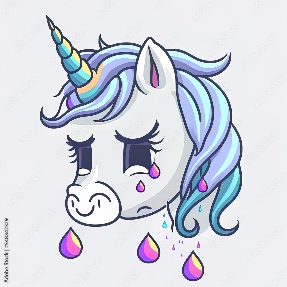 Cute unicorn crying cartoon 2d illustrated icon illustration. animal nature icon concept ...