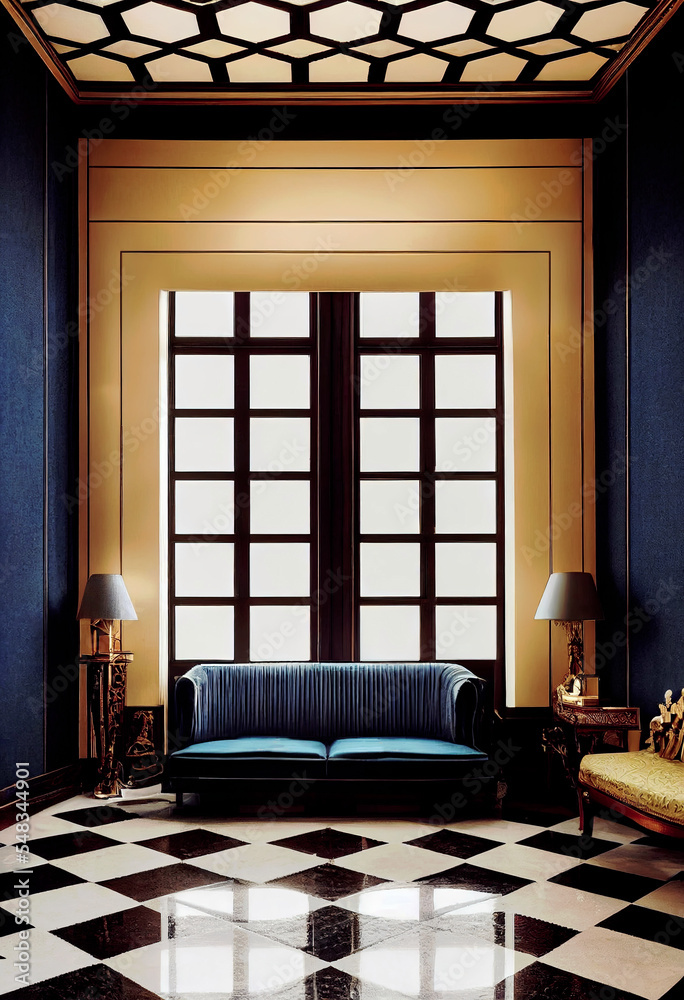 Hall of a luxury home. Corridor between rooms in an antique mansion ...