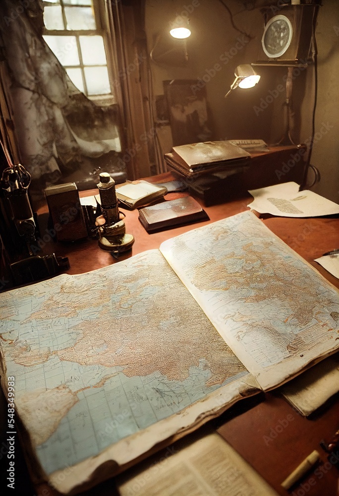 Map of World War II in the office of a military general. War and ...