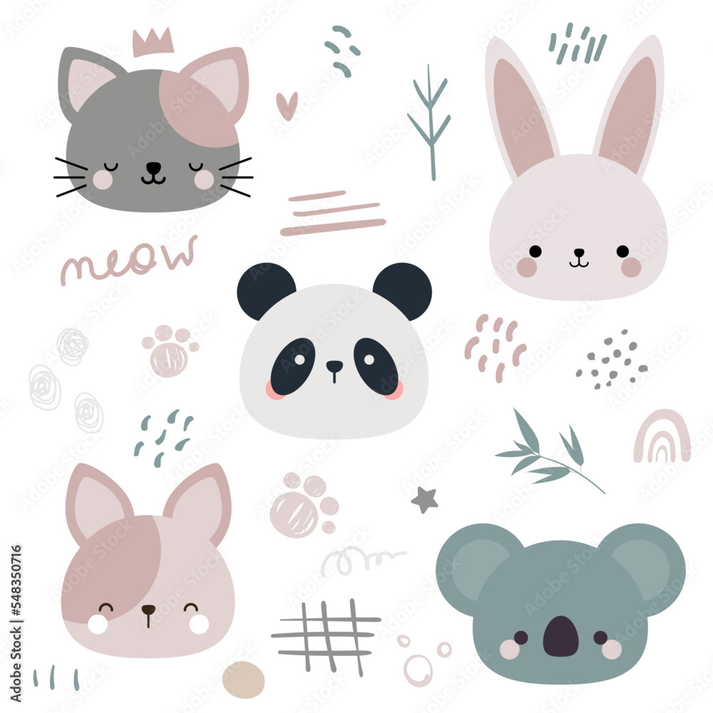 Vector hand drawn animals in doodle style. Hare, panda, cat, dog and ...