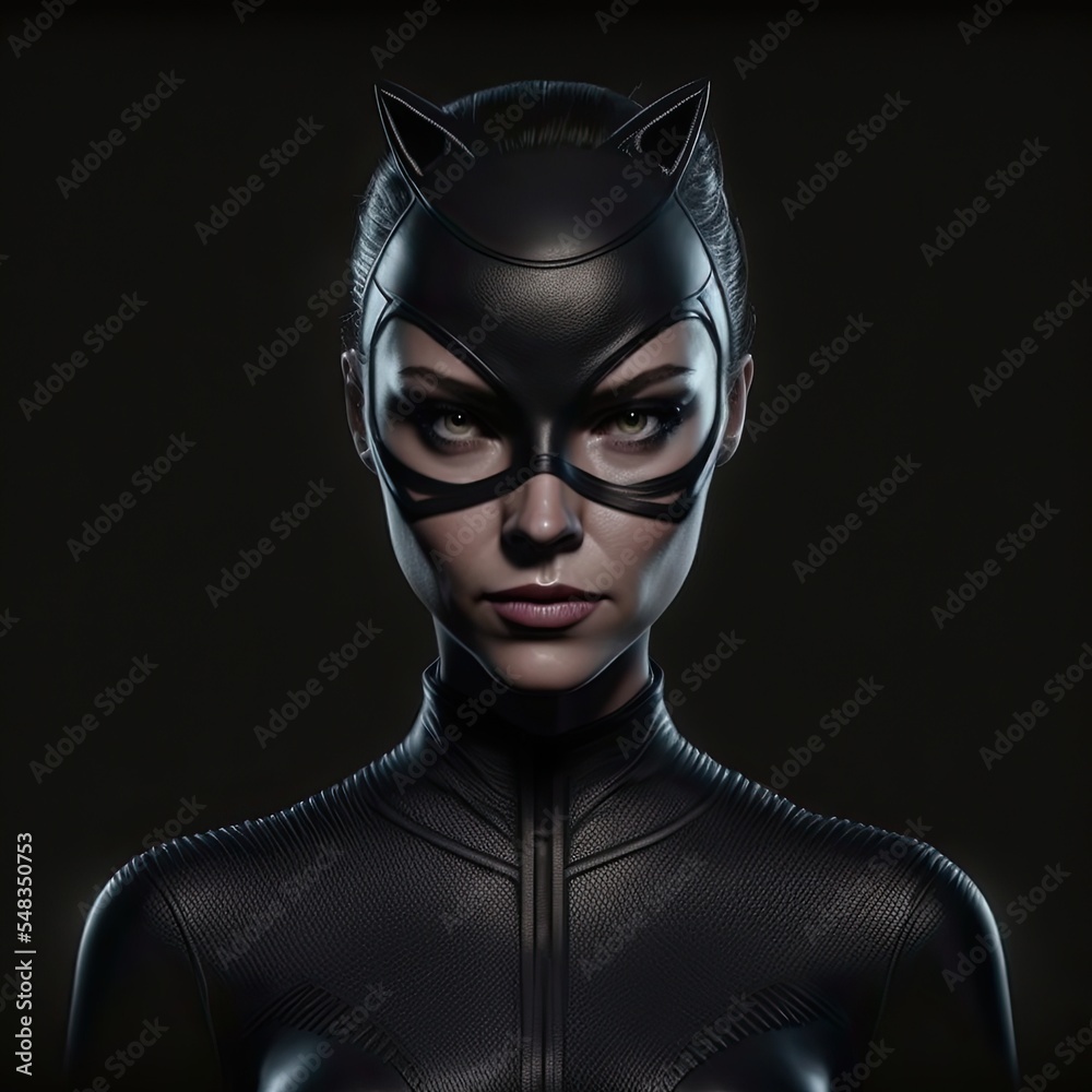 Portrait of a cat girl cat woman in black latex suit and mask. 3d ...