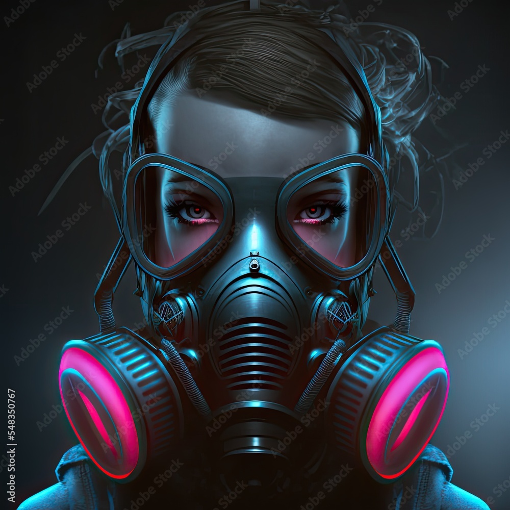 Beautiful woman in gas mask. Attractive 3d render model of cyberpunk ...