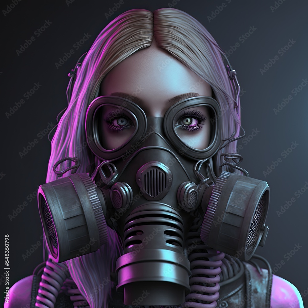 Beautiful woman in gas mask. Attractive 3d render model of cyberpunk ...