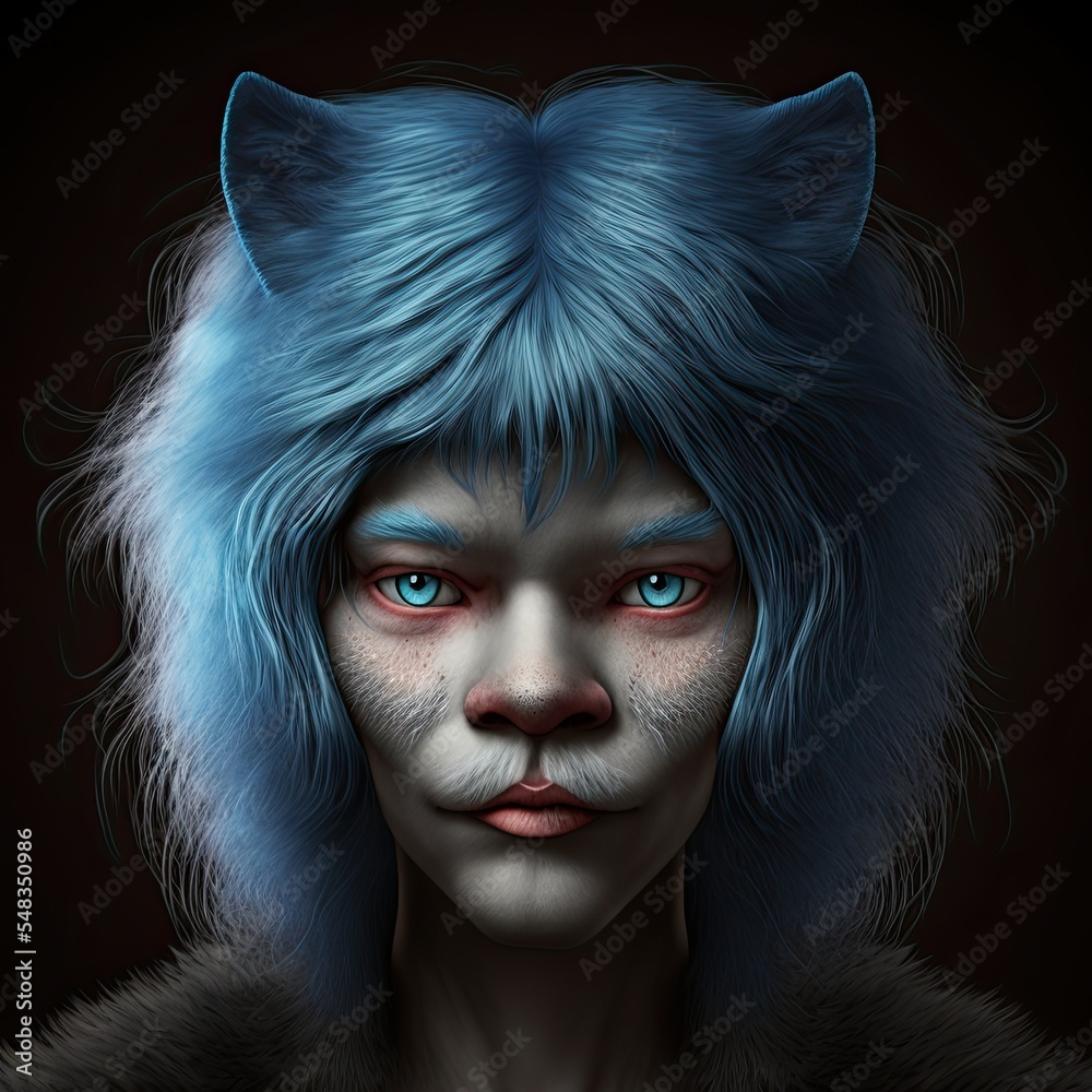 Antropomorphic blue cat girl. Character portrait. Isolated on black ...