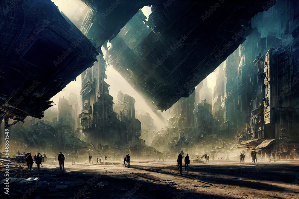 Futuristic city aftermath war or natural disaster. Dark technology ...