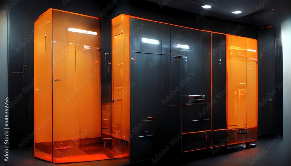 Futuristic school locker room interior at night Stock Illustration ...