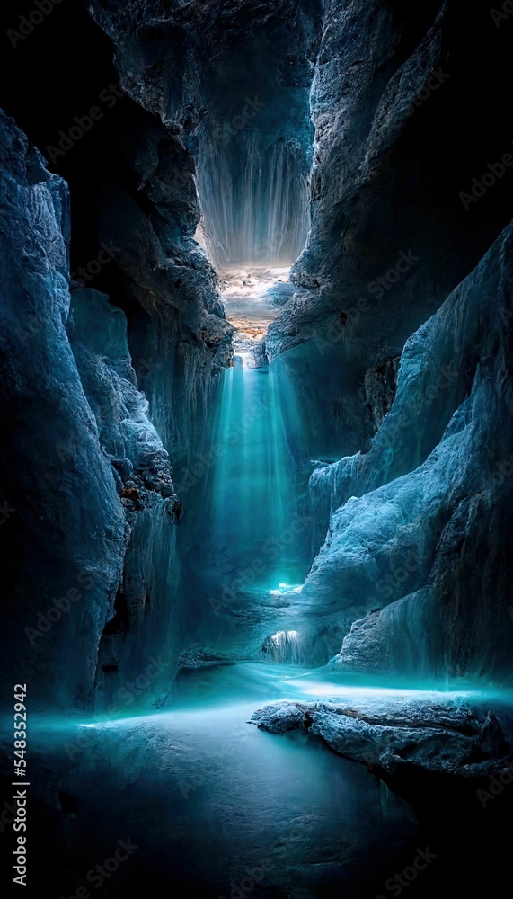 Inside a blue glacial ice cave in the glacier with waterfalls Stock ...