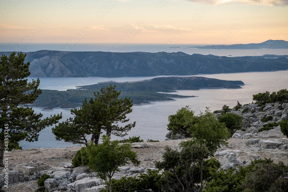 Amazing view on Hvar and Vis island during sunset from Vidova Gora, the ...